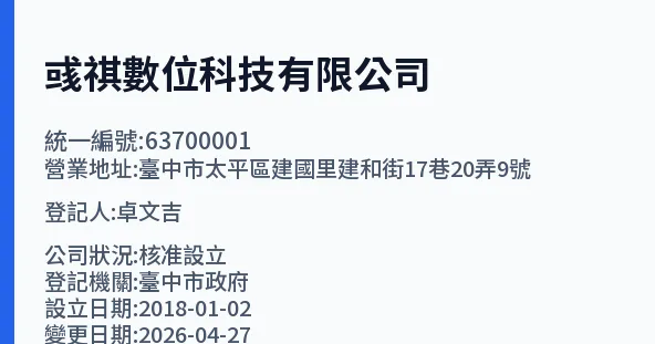 彧祺數位科技有限公司的照片-統編 63700001(臺中市) 公司登記資料與營業項目詳細圖表