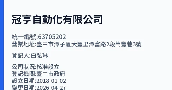 冠亨自動化有限公司的照片-統編 63705202(臺中市) 公司登記資料與營業項目詳細圖表