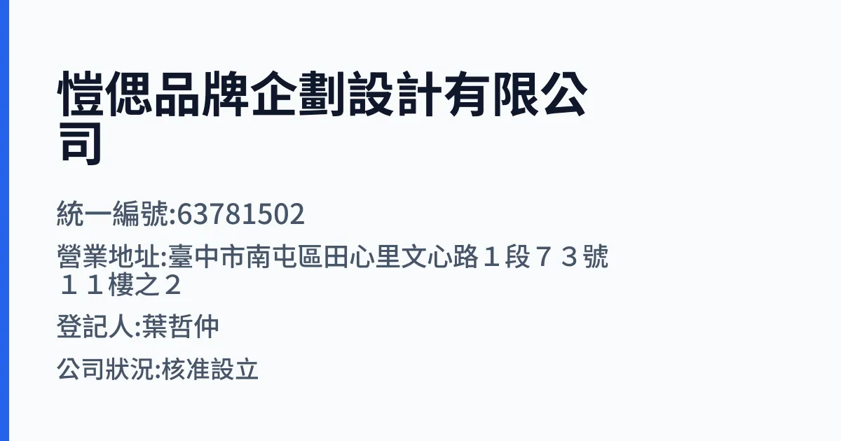 愷偲品牌企劃設計有限公司 - 統編 63781502(臺中市) 公司登記資料與營業項目詳細圖表