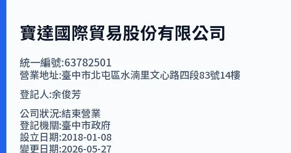 寶達國際貿易股份有限公司的照片-統編 63782501(臺中市) 公司登記資料與營業項目詳細圖表