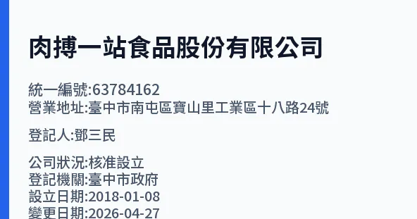 肉搏一站食品股份有限公司的照片-統編 63784162(臺中市) 公司登記資料與營業項目詳細圖表