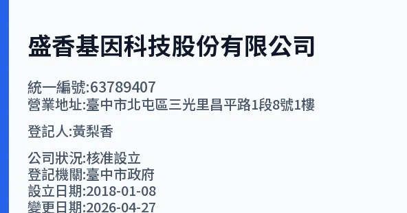 盛香基因科技股份有限公司的照片-統編 63789407(臺中市) 公司登記資料與營業項目詳細圖表