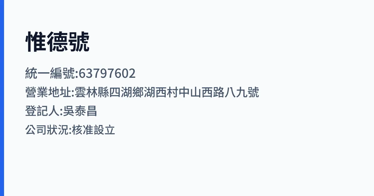 惟德號 - 統編 63797602(雲林縣) 公司登記資料與營業項目詳細圖表