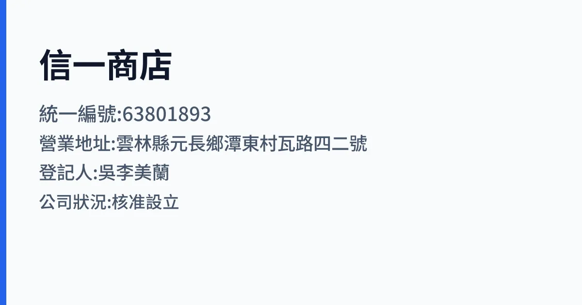 信一商店 - 統編 63801893(雲林縣) 公司登記資料與營業項目詳細圖表