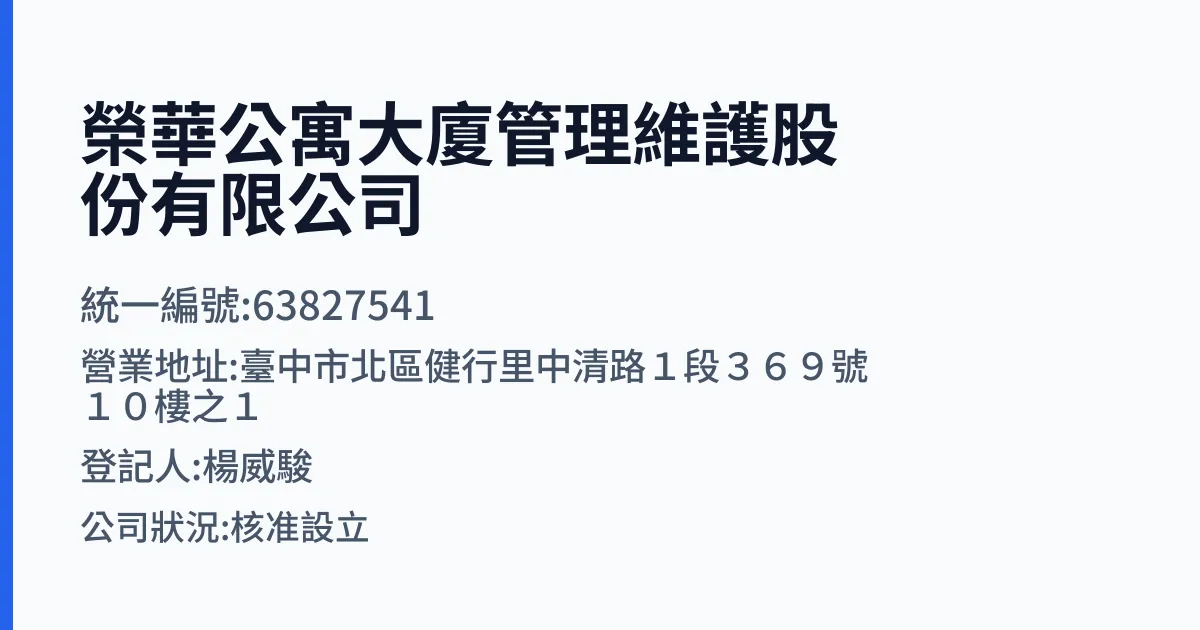 榮華公寓大廈管理維護股份有限公司 - 統編 63827541(臺中市) 公司登記資料與營業項目詳細圖表