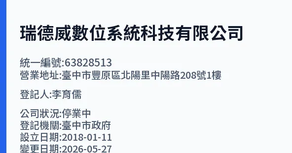 瑞德威數位系統科技有限公司的照片-統編 63828513(臺中市) 公司登記資料與營業項目詳細圖表