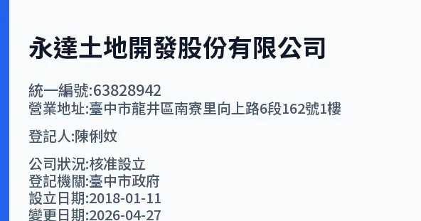 永達土地開發股份有限公司的照片-統編 63828942(臺中市) 公司登記資料與營業項目詳細圖表