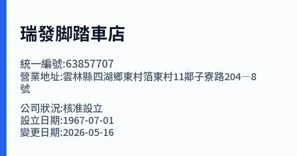 瑞發脚踏車店的照片-統編 63857707(雲林縣) 公司登記資料與營業項目詳細圖表