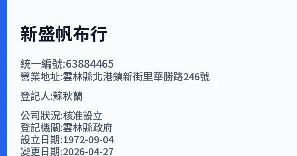 新盛帆布行的照片-統編 63884465(雲林縣) 公司登記資料與營業項目詳細圖表