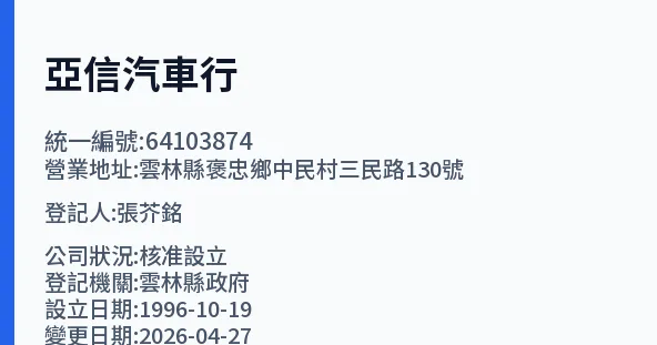亞信汽車行的照片-統編 64103874(雲林縣) 公司登記資料與營業項目詳細圖表