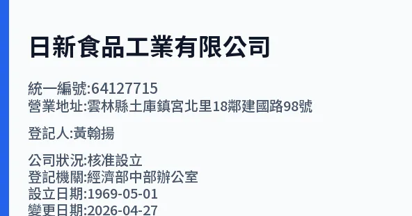 日新食品工業有限公司的照片-統編 64127715(雲林縣) 公司登記資料與營業項目詳細圖表