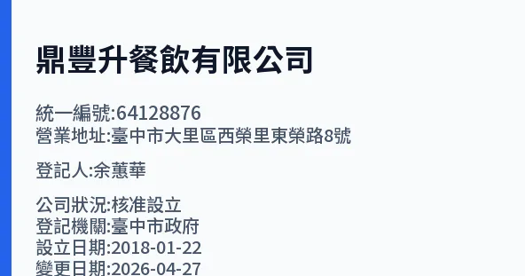 鼎豐升餐飲有限公司的照片-統編 64128876(臺中市) 公司登記資料與營業項目詳細圖表