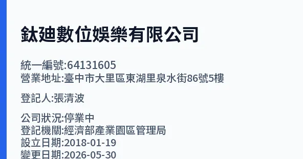 鈦廸數位娛樂有限公司的照片-統編 64131605(臺中市) 公司登記資料與營業項目詳細圖表