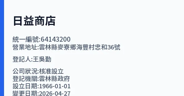 日益商店的照片-統編 64143200(雲林縣) 公司登記資料與營業項目詳細圖表