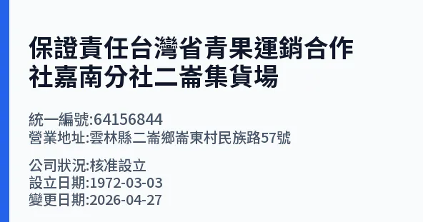 保證責任台灣省青果運銷合作社嘉南分社二崙集貨場的照片-統編 64156844(雲林縣) 公司登記資料與營業項目詳細圖表