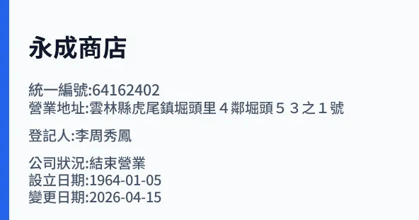 永成商店的照片-統編 64162402(雲林縣) 公司登記資料與營業項目詳細圖表