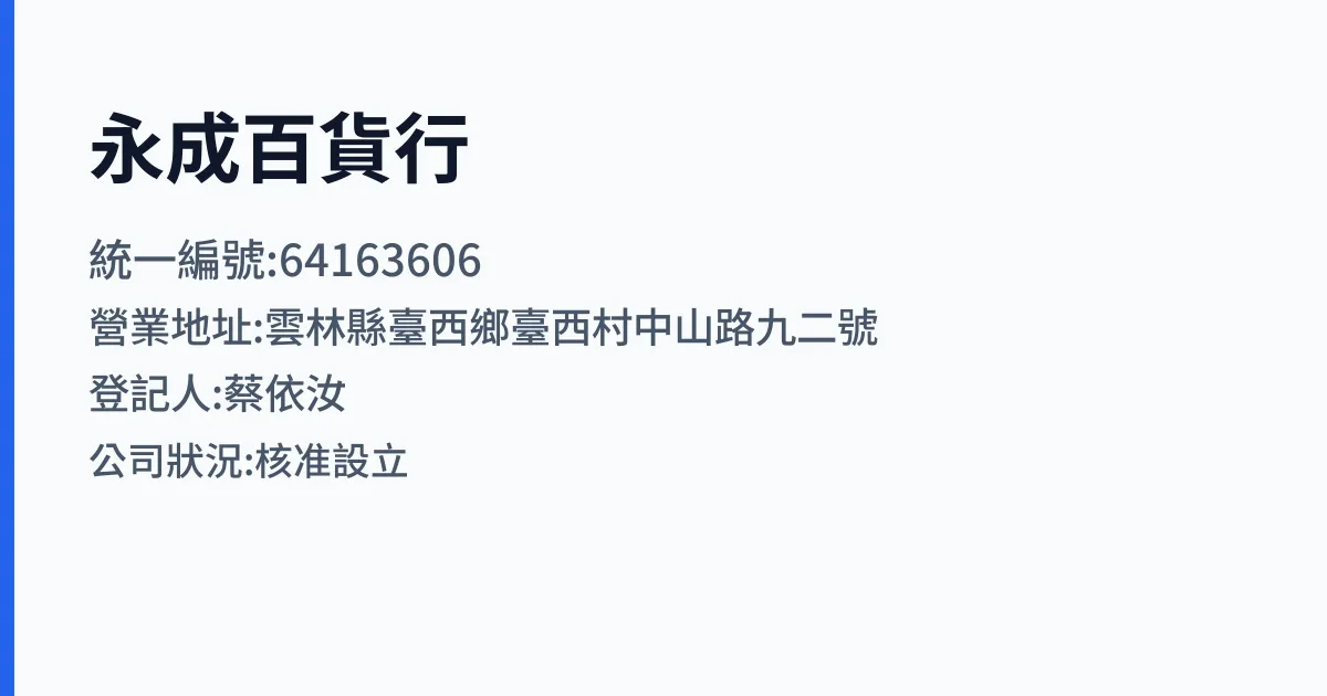 永成百貨行 - 統編 64163606(雲林縣) 公司登記資料與營業項目詳細圖表