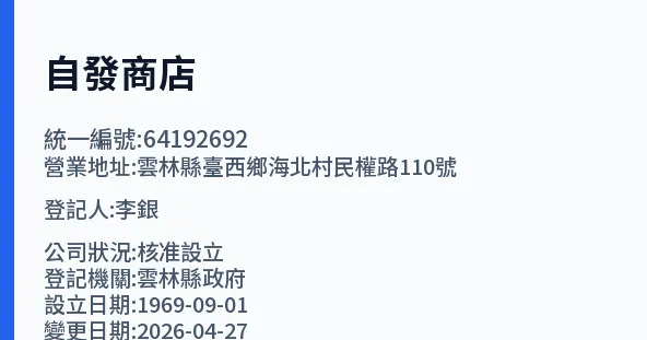 自發商店的照片-統編 64192692(雲林縣) 公司登記資料與營業項目詳細圖表