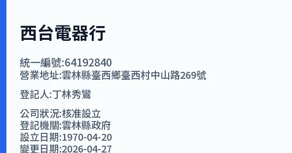 西台電器行的照片-統編 64192840(雲林縣) 公司登記資料與營業項目詳細圖表