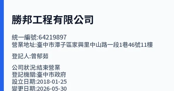 勝邦工程有限公司的照片-統編 64219897(臺中市) 公司登記資料與營業項目詳細圖表