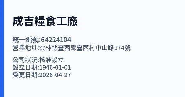 成吉糧食工廠的照片-統編 64224104(雲林縣) 公司登記資料與營業項目詳細圖表