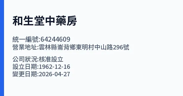 和生堂中藥房的照片-統編 64244609(雲林縣) 公司登記資料與營業項目詳細圖表