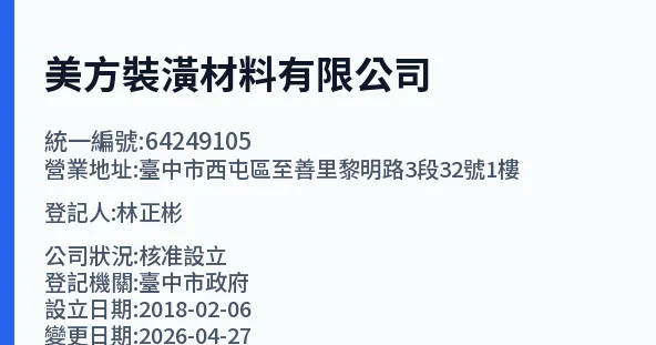 美方裝潢材料有限公司的照片-統編 64249105(臺中市) 公司登記資料與營業項目詳細圖表