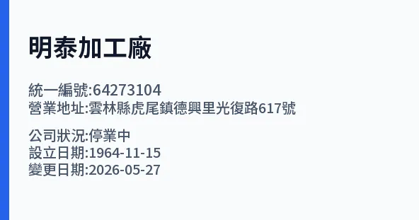 明泰加工廠的照片-統編 64273104(雲林縣) 公司登記資料與營業項目詳細圖表