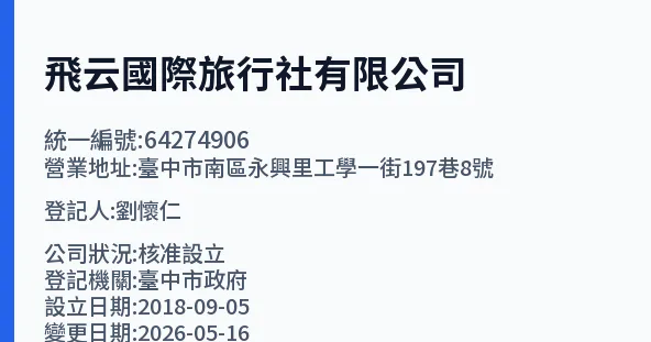 飛云國際旅行社有限公司的照片-統編 64274906(臺中市) 公司登記資料與營業項目詳細圖表