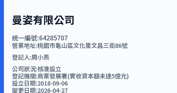 曼姿有限公司的照片-統編 64285707(桃園市) 公司登記資料與營業項目詳細圖表