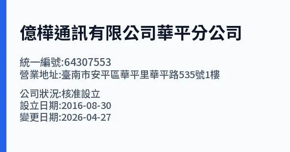 億樺通訊有限公司華平分公司的照片-統編 64307553(臺南市) 公司登記資料與營業項目詳細圖表