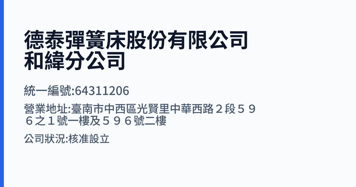 德泰彈簧床股份有限公司和緯分公司 - 統編 64311206(臺南市) 公司登記資料與營業項目詳細圖表