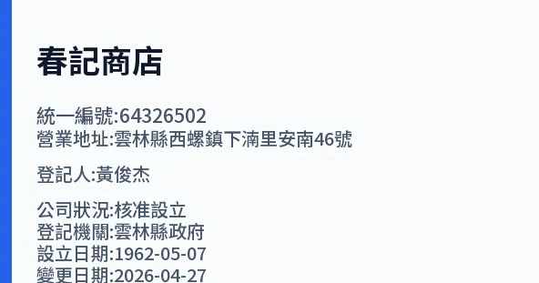 春記商店的照片-統編 64326502(雲林縣) 公司登記資料與營業項目詳細圖表