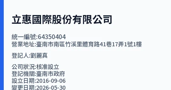 立惠國際股份有限公司的照片-統編 64350404(臺南市) 公司登記資料與營業項目詳細圖表