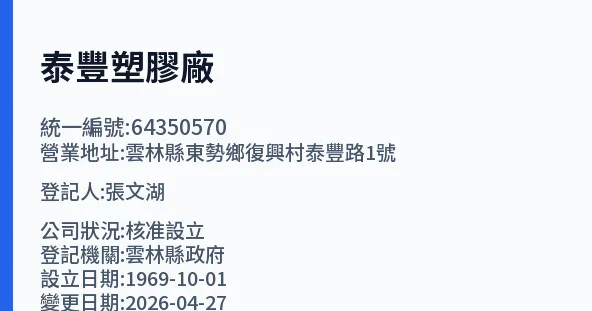 泰豐塑膠廠的照片-統編 64350570(雲林縣) 公司登記資料與營業項目詳細圖表