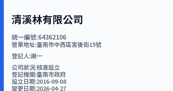 清溪林有限公司的照片-統編 64362106(臺南市) 公司登記資料與營業項目詳細圖表