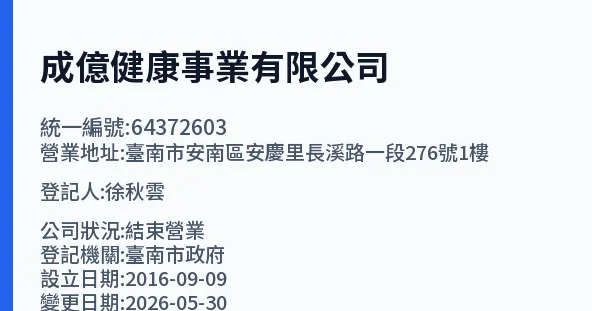 成億健康事業有限公司的照片-統編 64372603(臺南市) 公司登記資料與營業項目詳細圖表