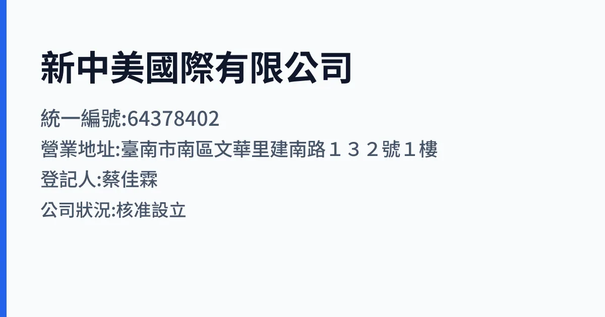 新中美國際有限公司 - 統編 64378402（臺南市） 公司登記資料與營業項目詳細圖表