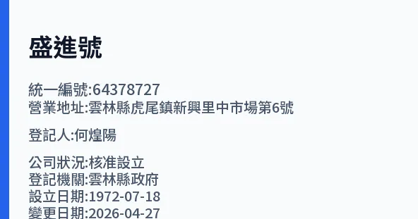 盛進號的照片-統編 64378727(雲林縣) 公司登記資料與營業項目詳細圖表