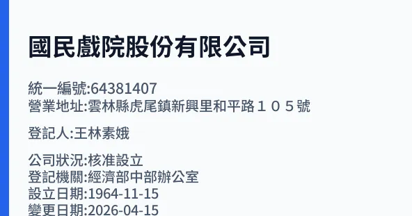 國民戲院股份有限公司的照片-統編 64381407(雲林縣) 公司登記資料與營業項目詳細圖表