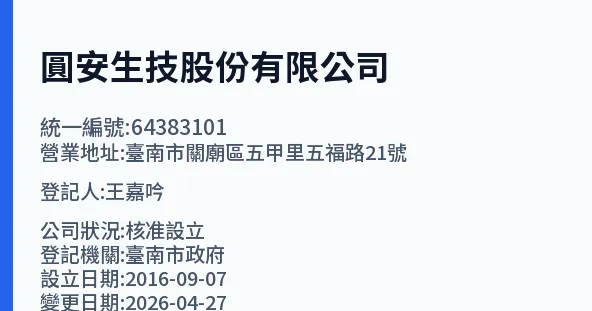 圓安生技股份有限公司的照片-統編 64383101(臺南市) 公司登記資料與營業項目詳細圖表