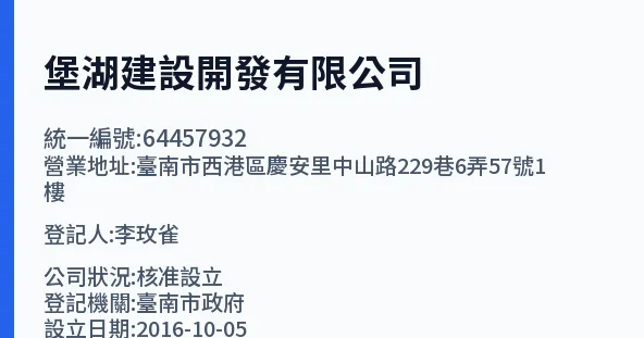 堡湖建設開發有限公司的照片-統編 64457932(臺南市) 公司登記資料與營業項目詳細圖表
