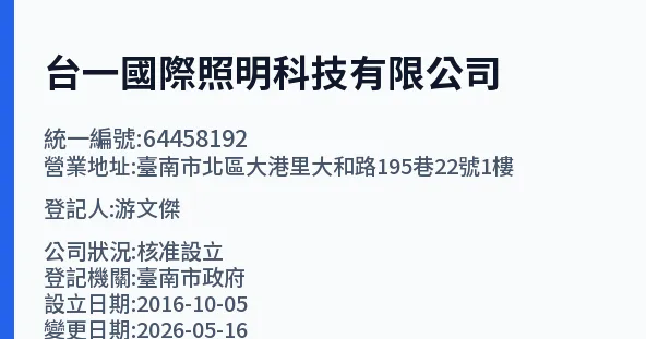 台一國際照明科技有限公司的照片-統編 64458192(臺南市) 公司登記資料與營業項目詳細圖表