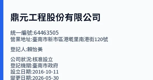 鼎元工程股份有限公司的照片-統編 64463505(臺南市) 公司登記資料與營業項目詳細圖表