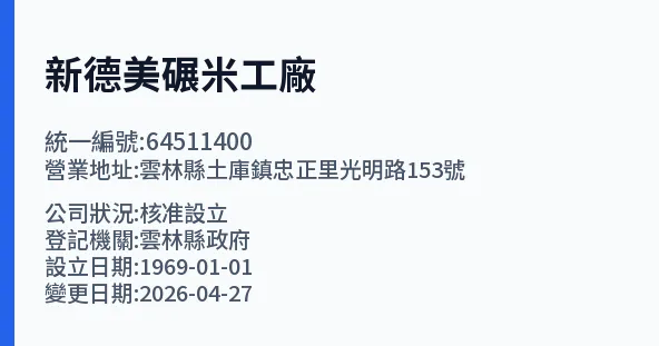 新德美碾米工廠的照片-統編 64511400(雲林縣) 公司登記資料與營業項目詳細圖表