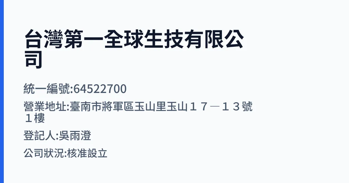台灣第一全球生技有限公司 - 統編 64522700(臺南市) 公司登記資料與營業項目詳細圖表