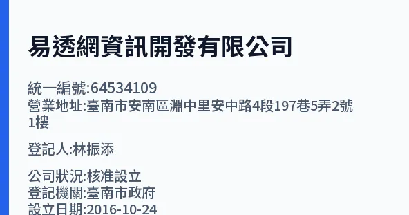 易透網資訊開發有限公司的照片-統編 64534109(臺南市) 公司登記資料與營業項目詳細圖表