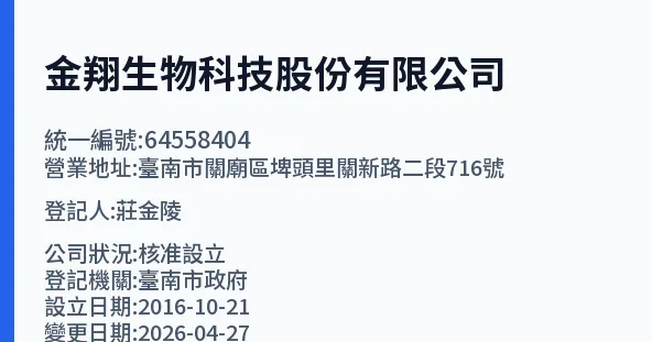 金翔生物科技股份有限公司的照片-統編 64558404(臺南市) 公司登記資料與營業項目詳細圖表