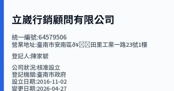 立崴行銷顧問有限公司的照片-統編 64579506(臺南市) 公司登記資料與營業項目詳細圖表