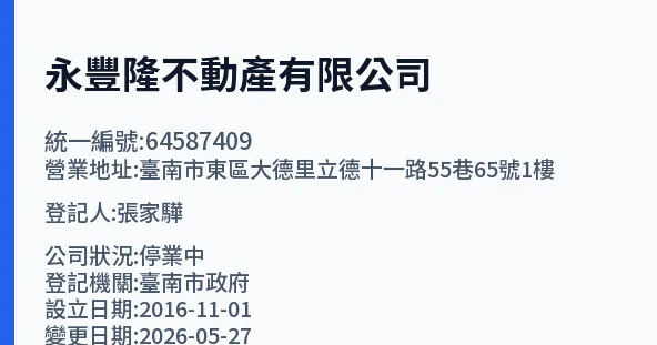 永豐隆不動產有限公司的照片-統編 64587409(臺南市) 公司登記資料與營業項目詳細圖表